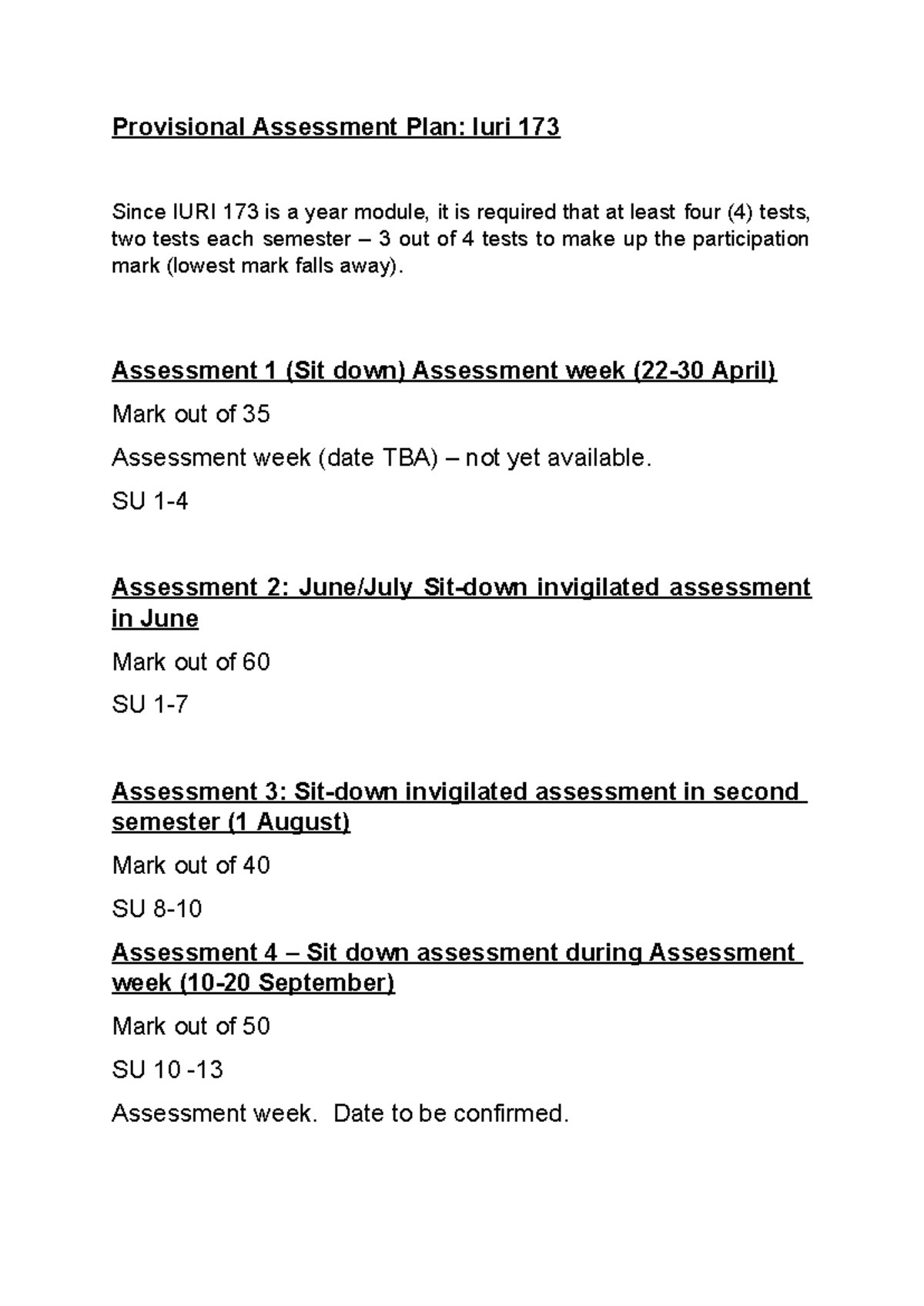 IURI 173 Provisional Assessment Plan for 2024 Academic Year - Studocu