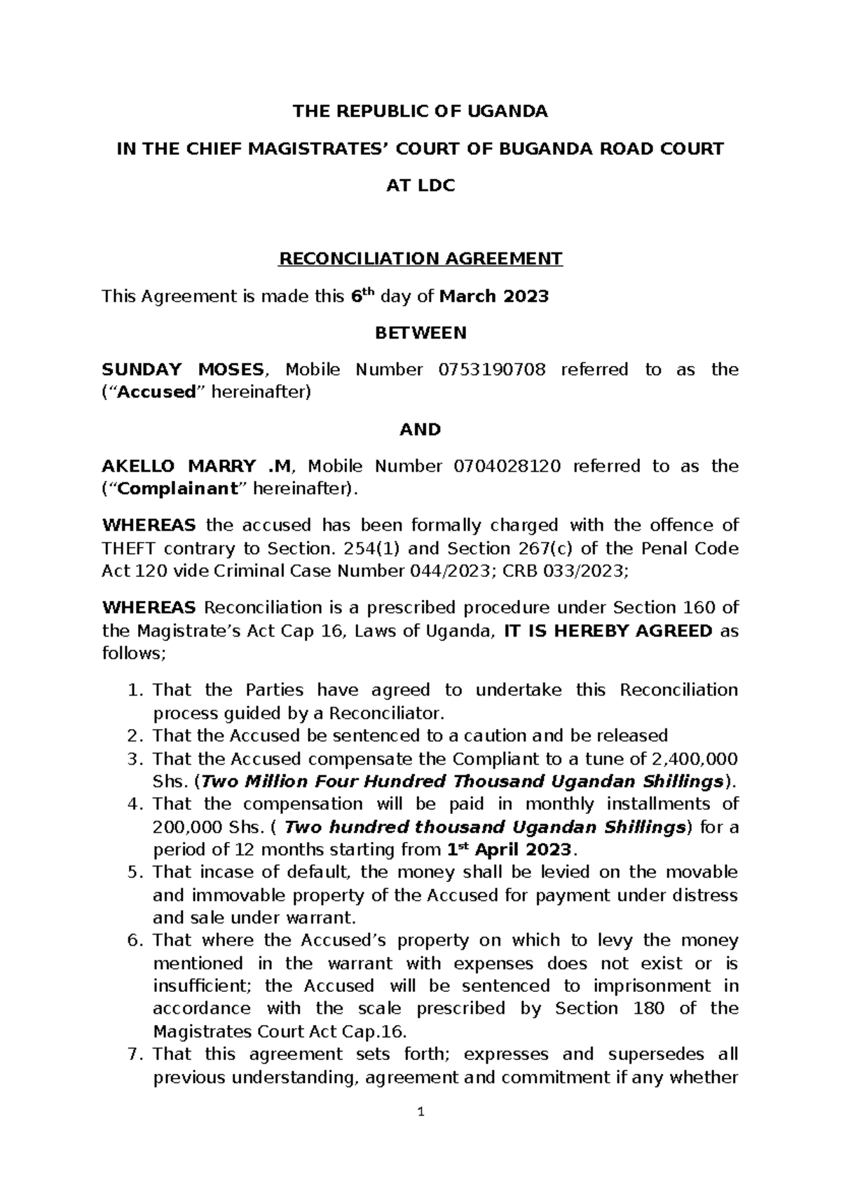Reconciliation Agreement in Criminal Case No. 044/2023 - Studocu
