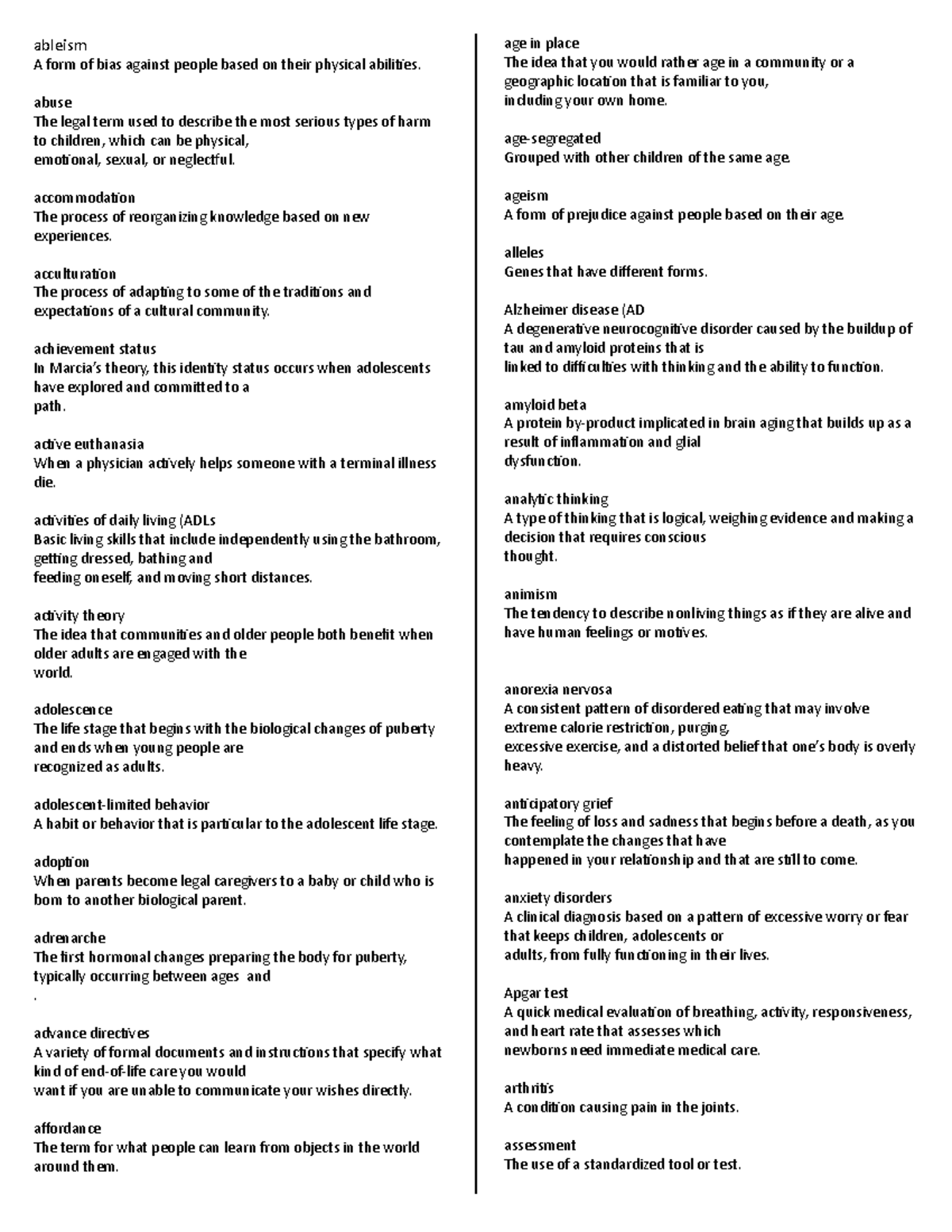Lifespan Development Glossary of Terms (PSY 101) - Studocu