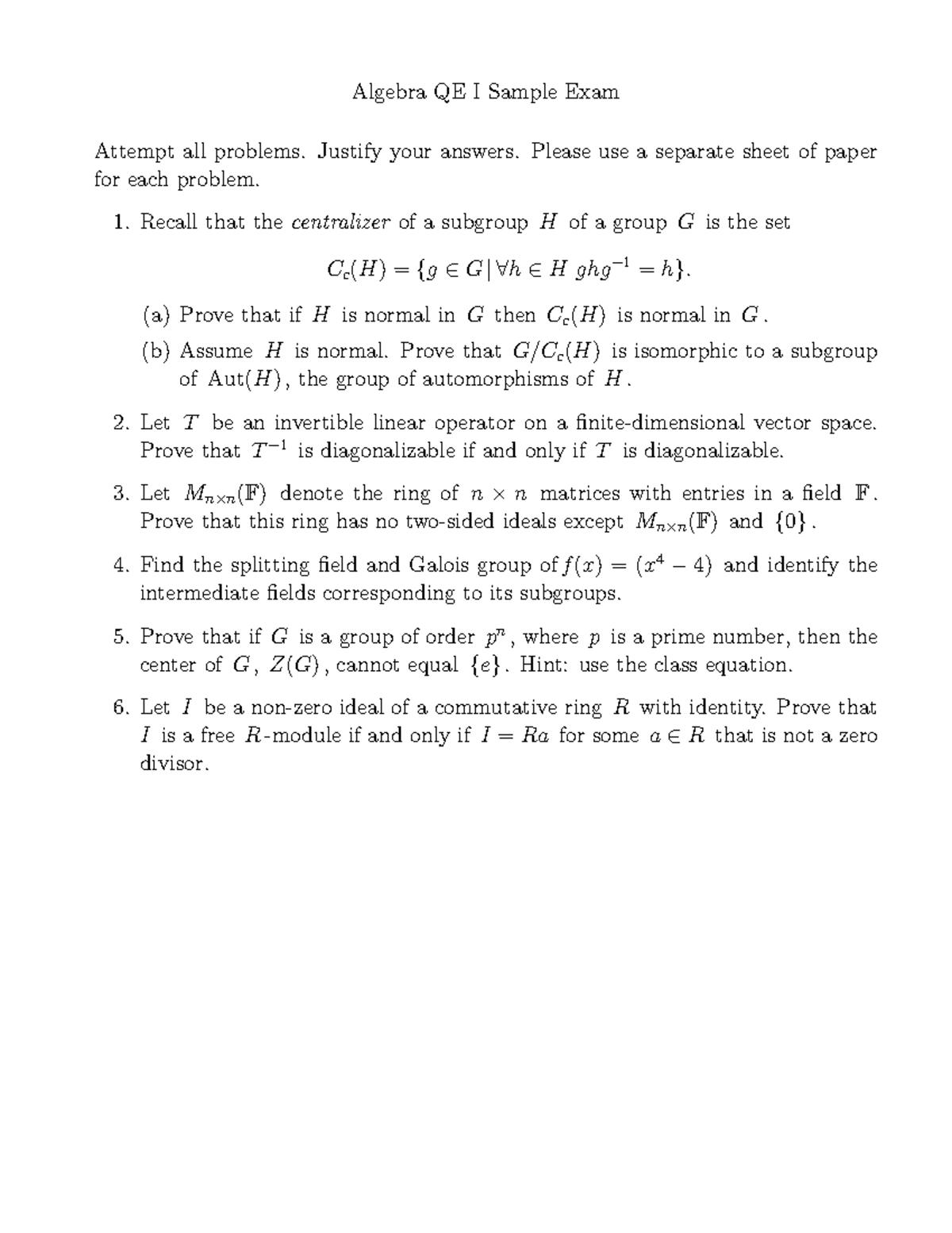 Algebra QE I - Sample Exam Questions and Solutions - Studocu