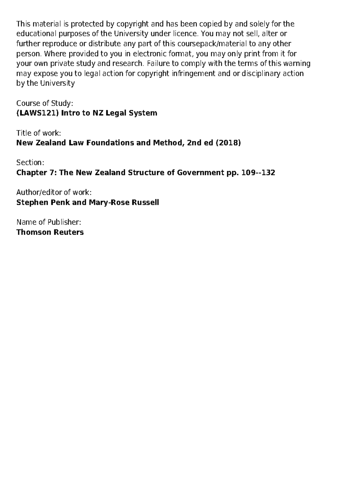 LAWS121 Chapter 7: The New Zealand Structure of Government - Studocu