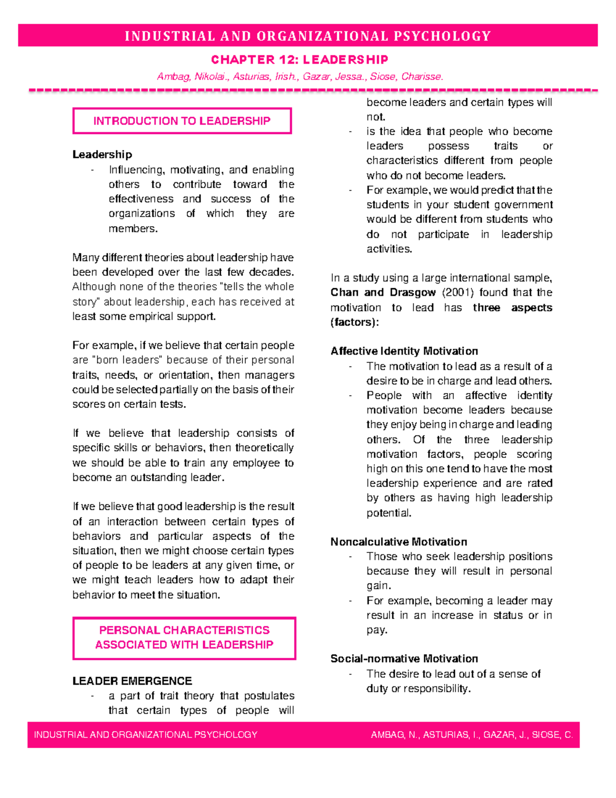 Chapter 7 Leadership and Power in the Oganization Handout - Leadership ...