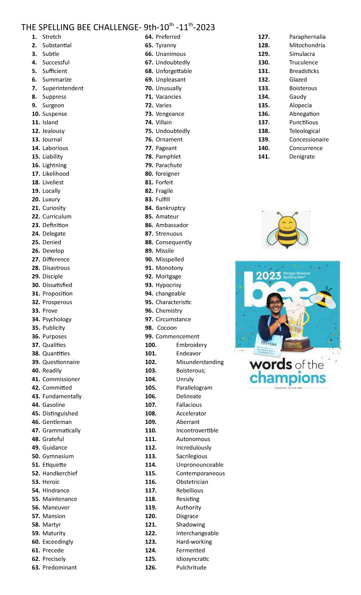 Spelling Bee Challenge Vocabulary List for 9th to 11th Grade - Studocu