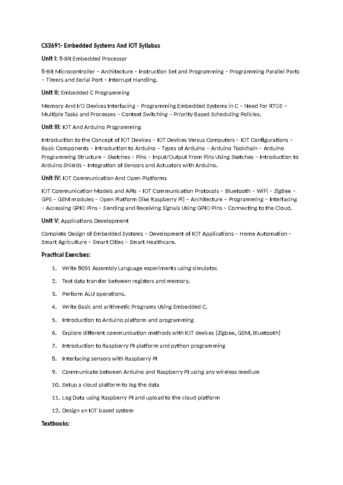 CS3691 Embedded Systems & IoT Syllabus Overview and Practical Guide - Studocu