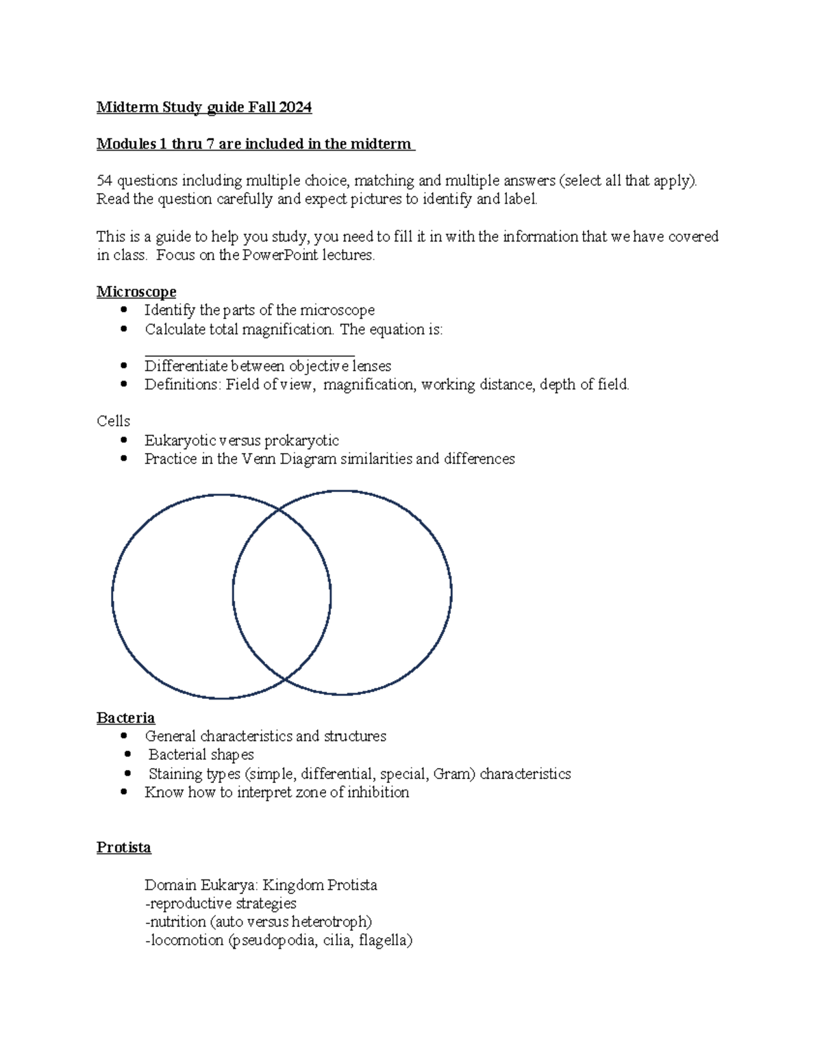 Bio 101 - Midterm Study Guide Fall 2024: Modules 1-7 Overview - Studocu