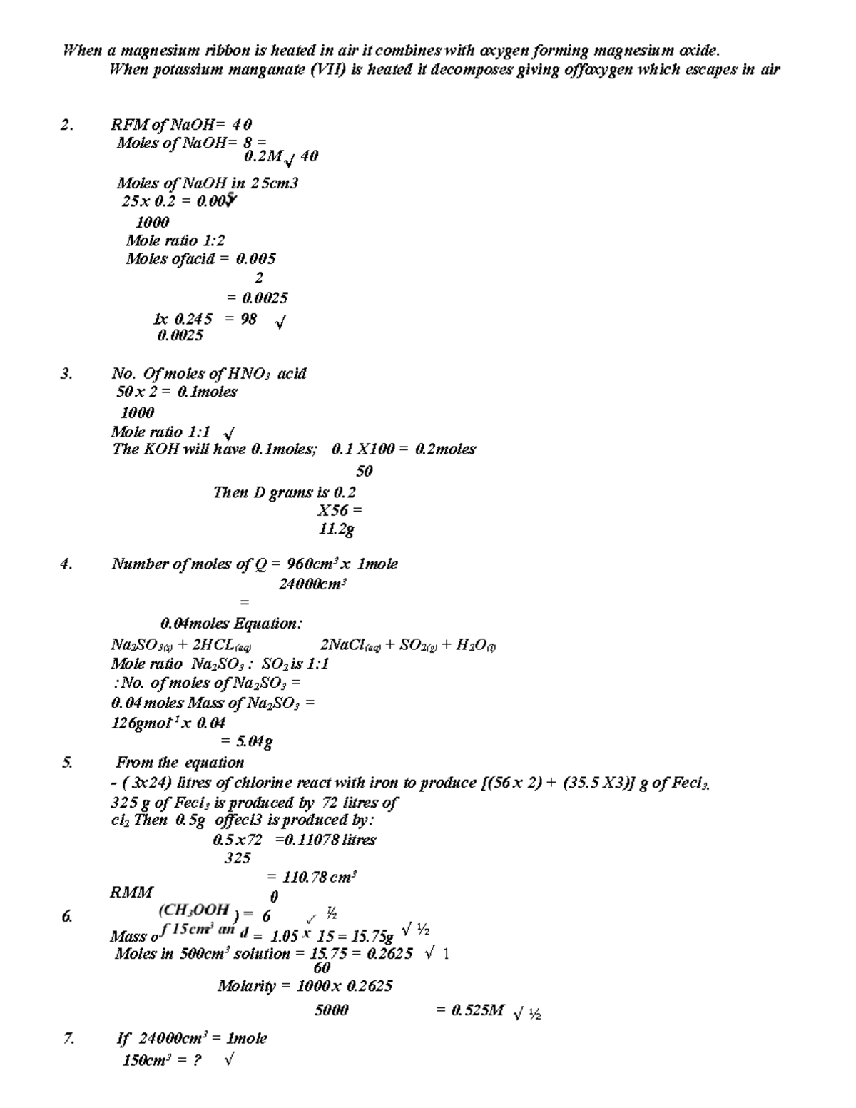 FORM 3 CHEMISTRY: MOLE FORMULAE & EQUATIONS ANSWERS - Studocu