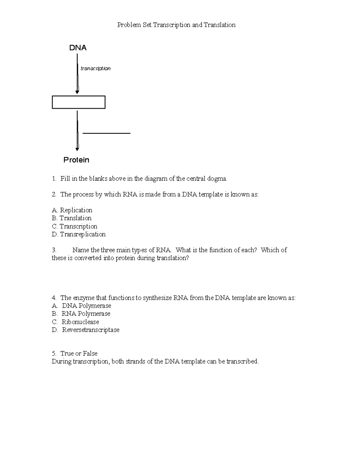 Transcription, Translation, Genetic Code Problem Set - Problem Set ...