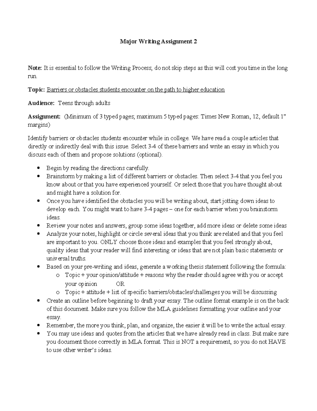 Major Writing Assignment 2: Barriers to Higher Education Essay - Studocu