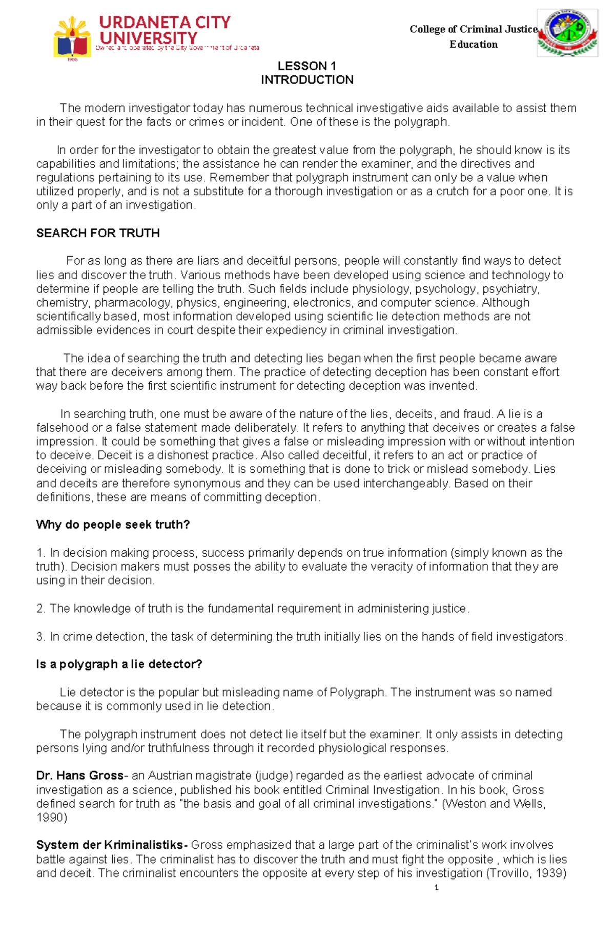 Notes on Forensic 5: Lie Detection Techniques in 2nd Sem UCU - Studocu