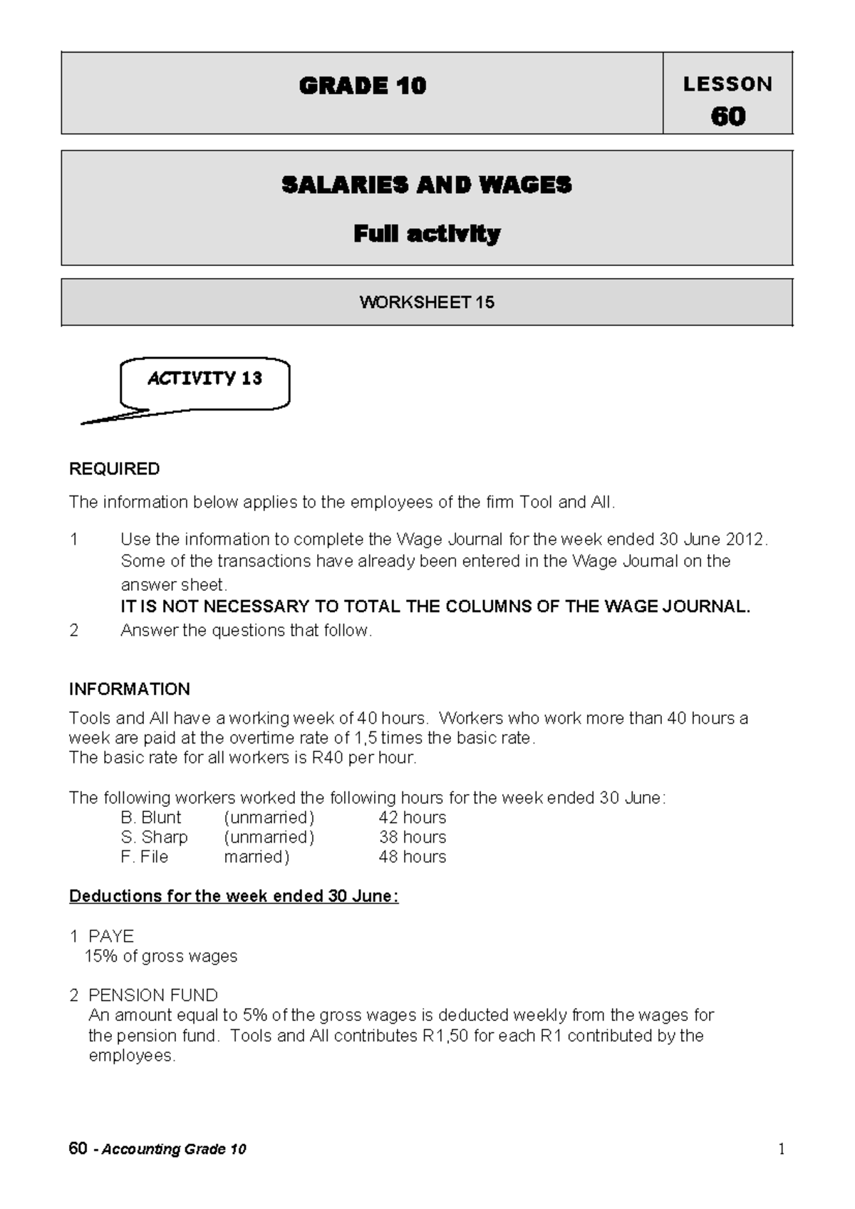 Grade 10 Lesson: Salaries & Wages Worksheet 15 Activities - Studocu