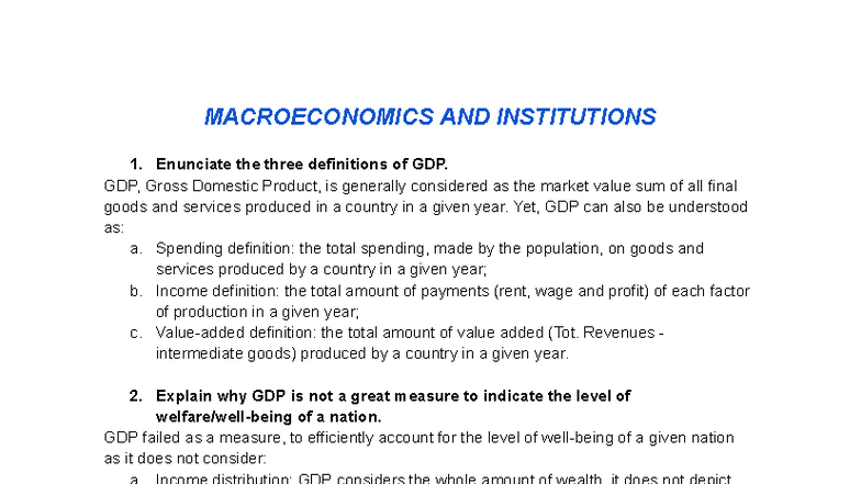 MACROECONOMICS AND INSTITUTIONS: Understanding GDP and Economic Models ...