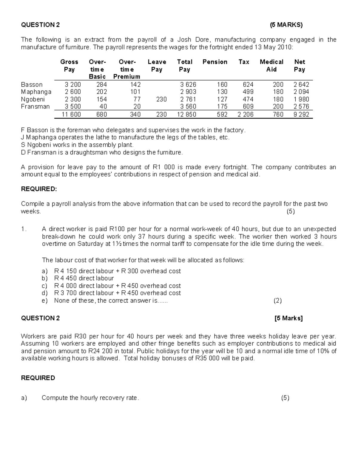 Payroll Analysis and Computation for Josh Dore (5 Marks) - Studocu