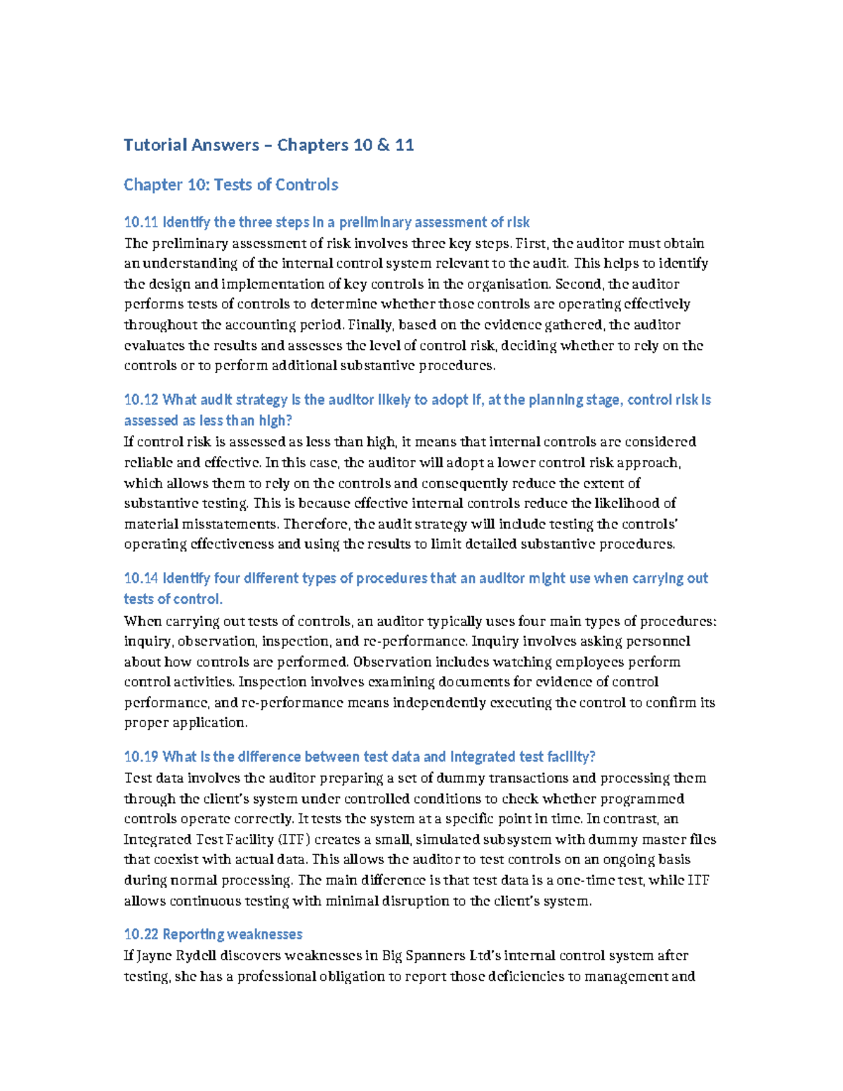 Tutorial Answers for Chapters 10 & 11: Audit Controls & Procedures ...