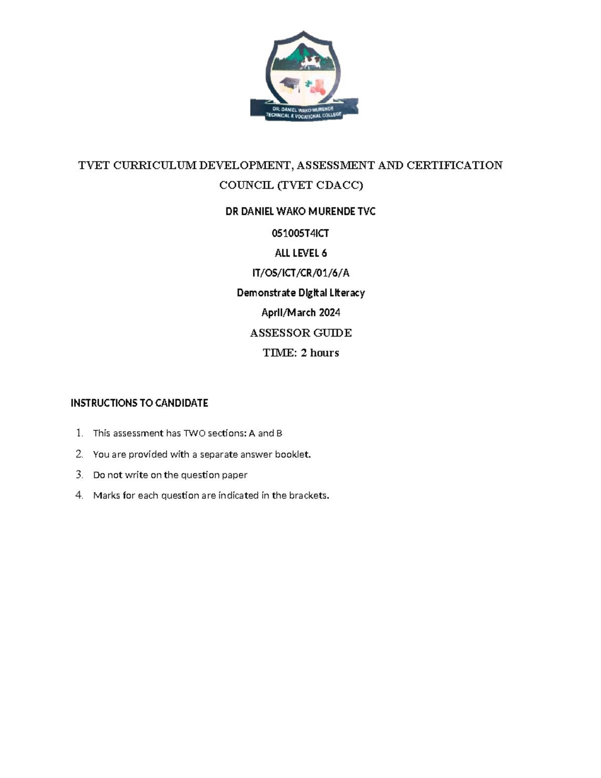 TVET 051005T4ICT Final Exam Assessor Guide - Digital Literacy Marking ...