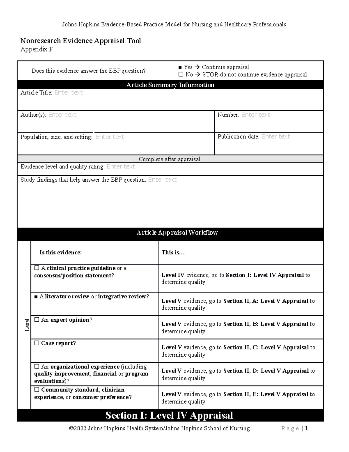 Appendix F - Non-research Tool - Nonresearch Evidence Appraisal Tool Appendix F Does this ...