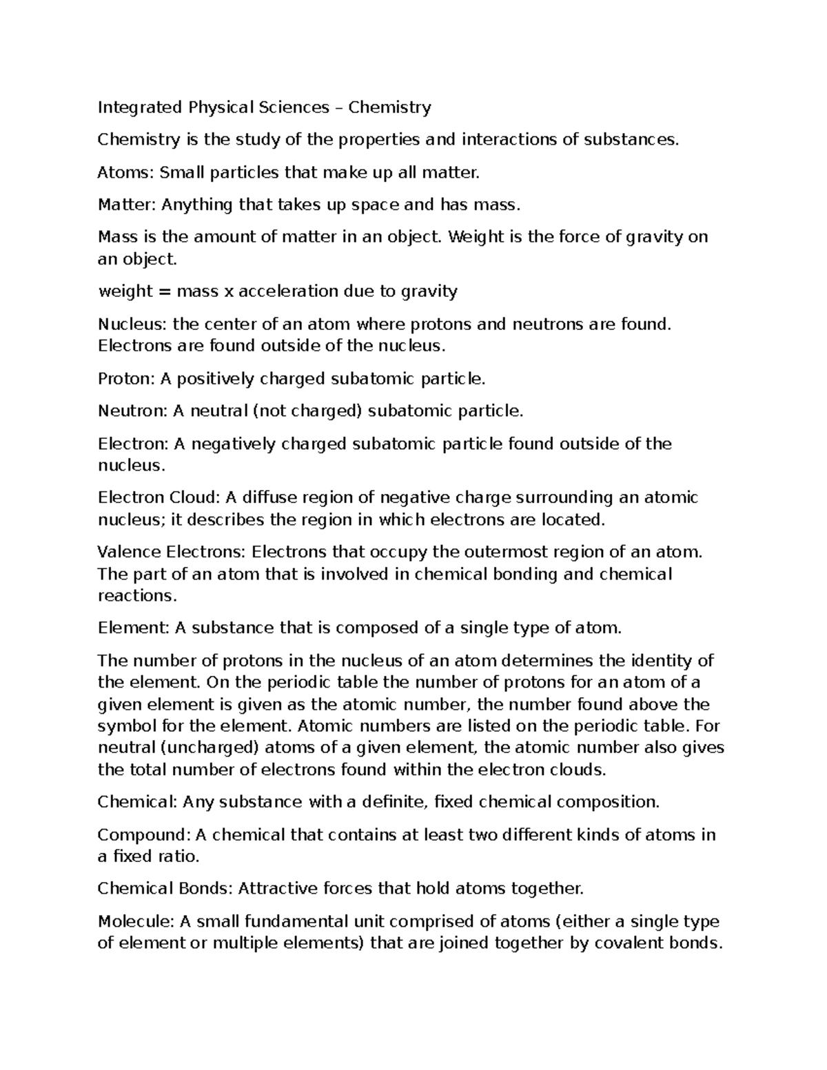 Integrated Physical Sciences: Chemistry Overview and Key Concepts - Studocu