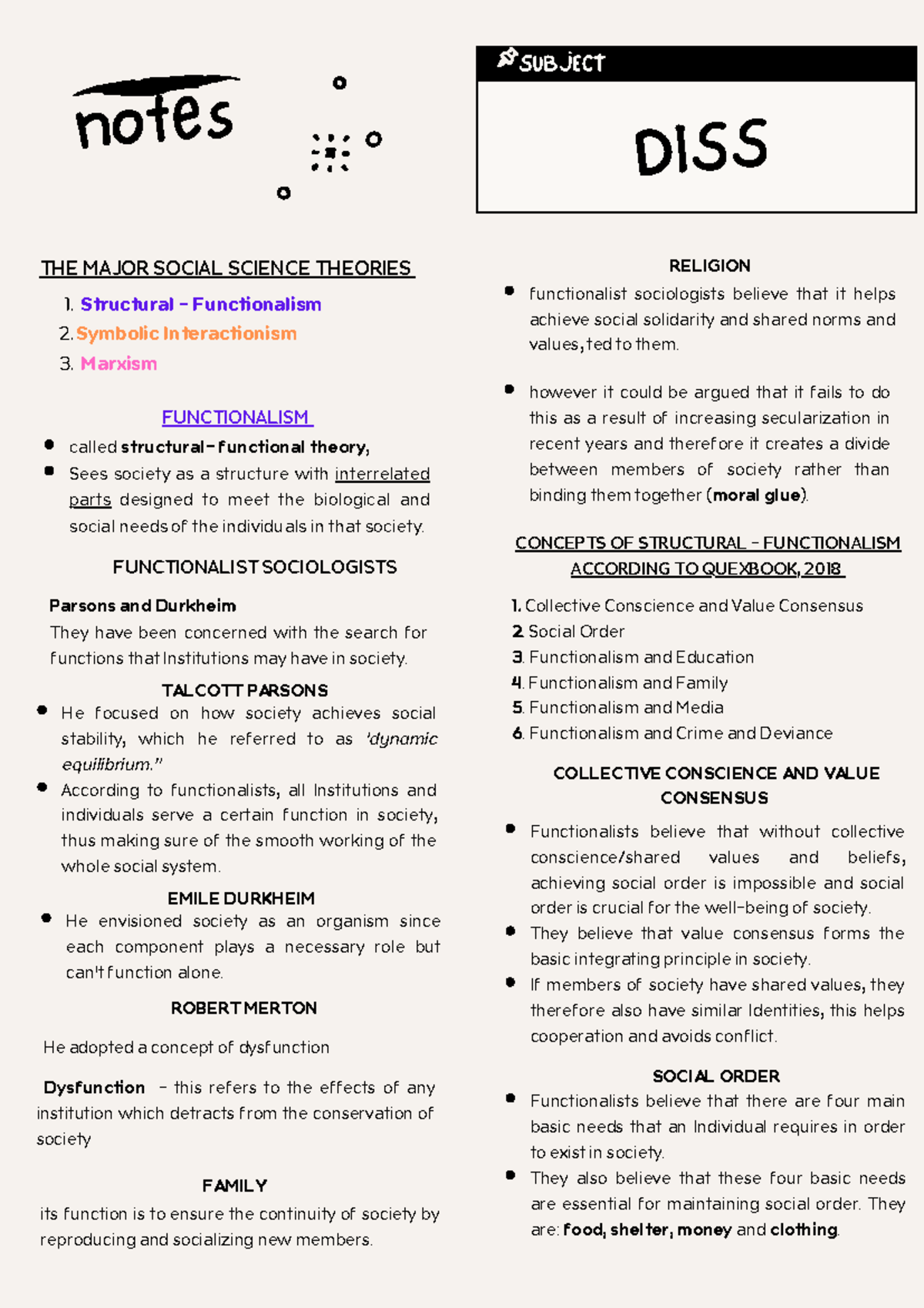 DISS Lecture Notes: Understanding Functionalism in Social Science - Studocu