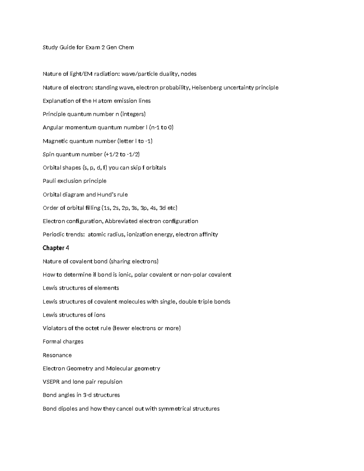 Study Guide for Gen Chem Exam 2: Radiation, Electrons, and Bonds - Studocu