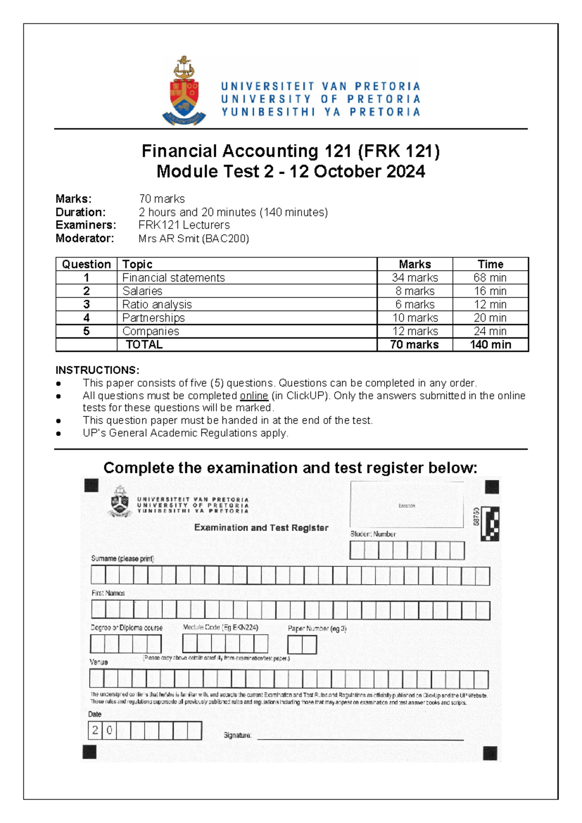 FRK 121 Module Test 2 (2024) - Comprehensive Question Paper ...