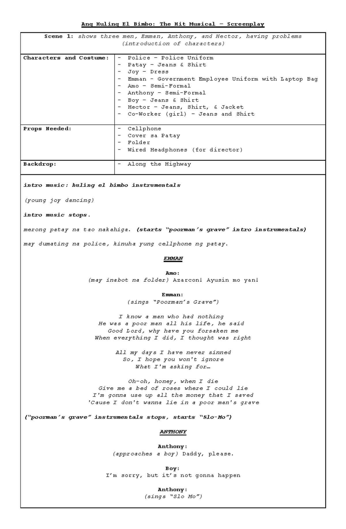 Ang Huling El Bimbo (The Hit Musical) - Final Screenplay Analysis - Studocu