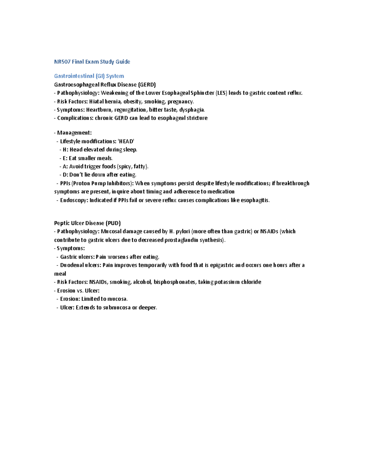 NR507 Final Exam Study Guide: Key Concepts in GI, Endocrine, and Psych ...