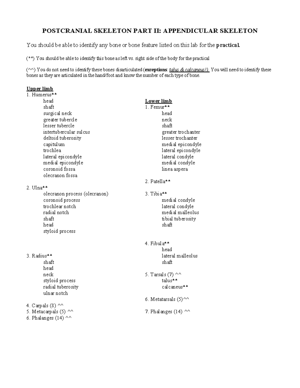 Appendicular Skeleton Lab: Bone Identification Guide - Studocu