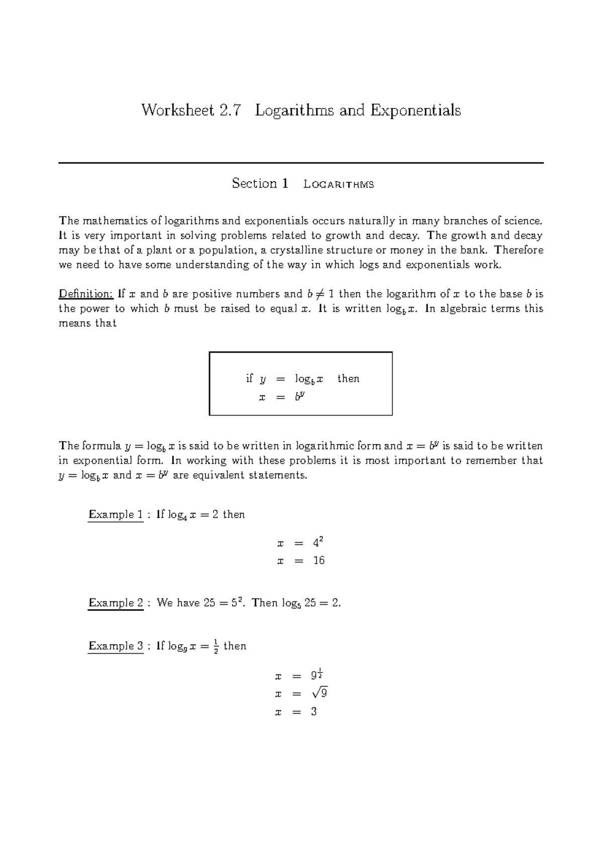 15 Logs extra practice - Worksheet 2. 7 Logarithms and Exponentials ...