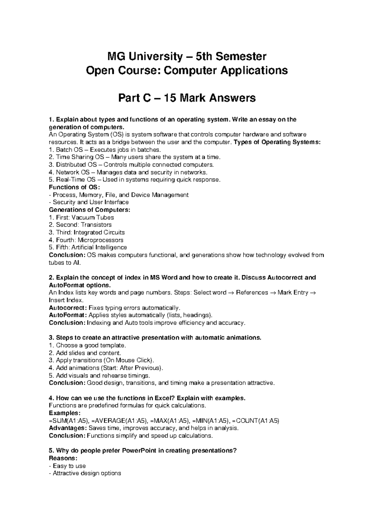 MG University 5th Sem Open Course: Computer Applications 15 Mark ...