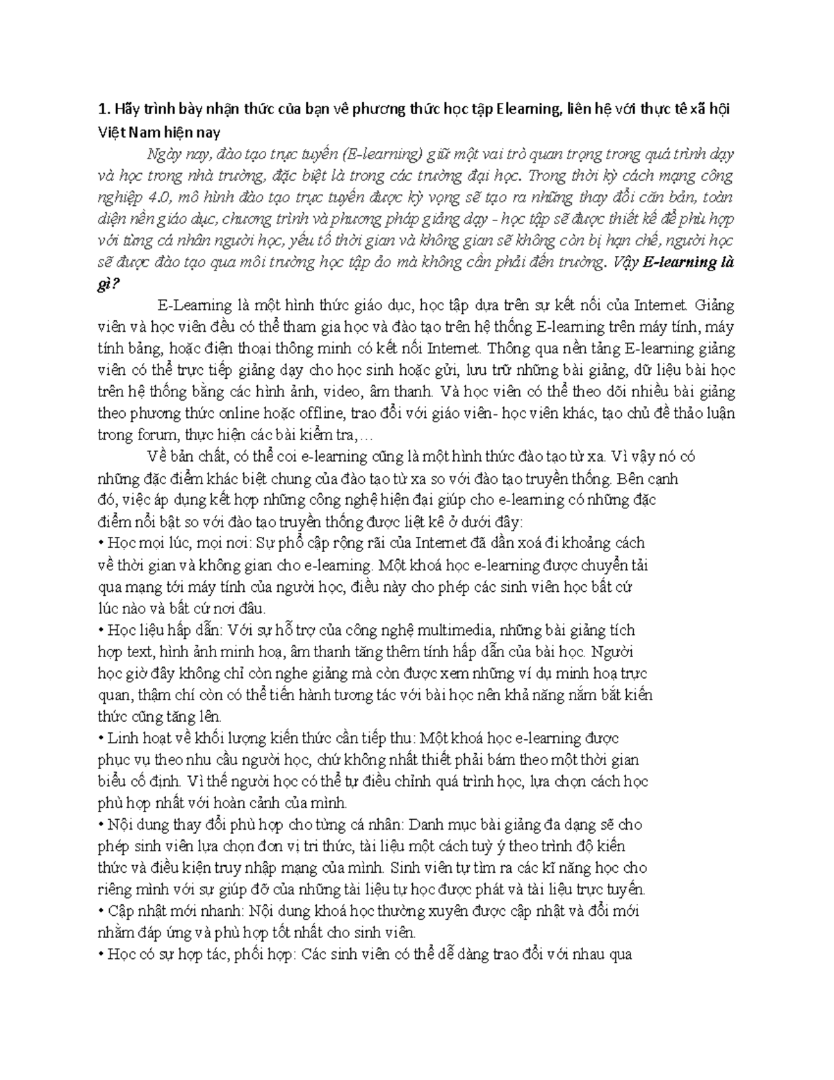 đề cương elearning - Hãy trình bày nh n th c c a b n vềề phậ ứ ủ ạ ương th c h c t p Elearning ...