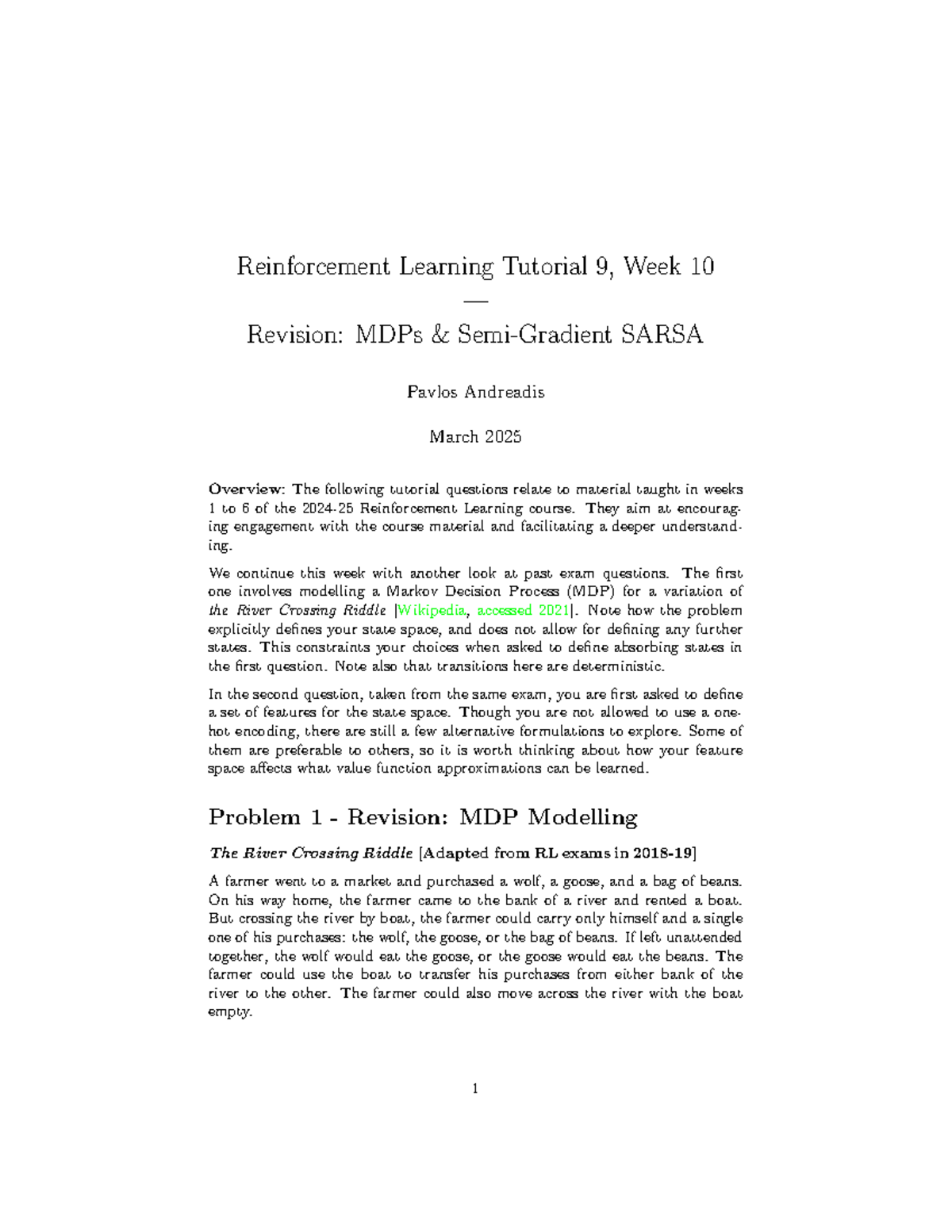 Reinforcement Learning Tutorial 9: Week 10 Revision on MDPs & SARSA ...