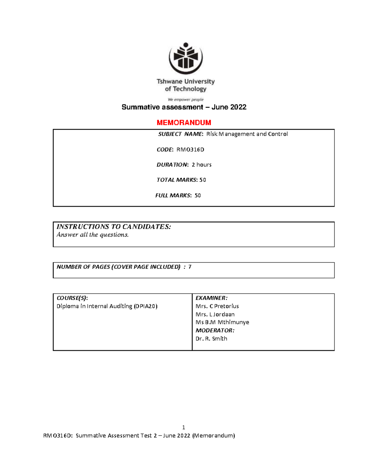 RMO316D: Summative Assessment June 2022 Memorandum for Risk Management ...