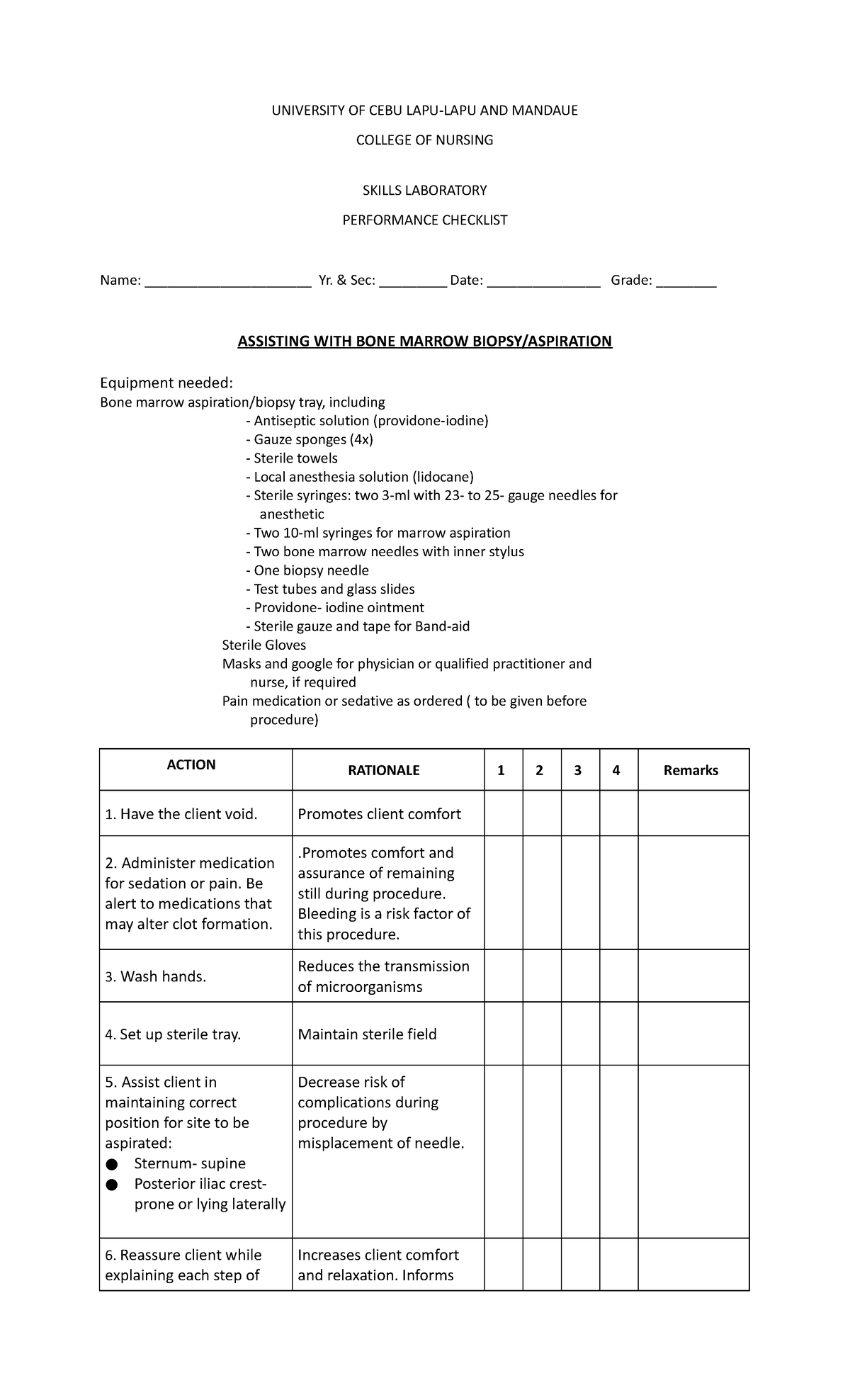 Assisting with Bone Marrow Biopsy/Aspiration Checklist - Nursing Skills ...