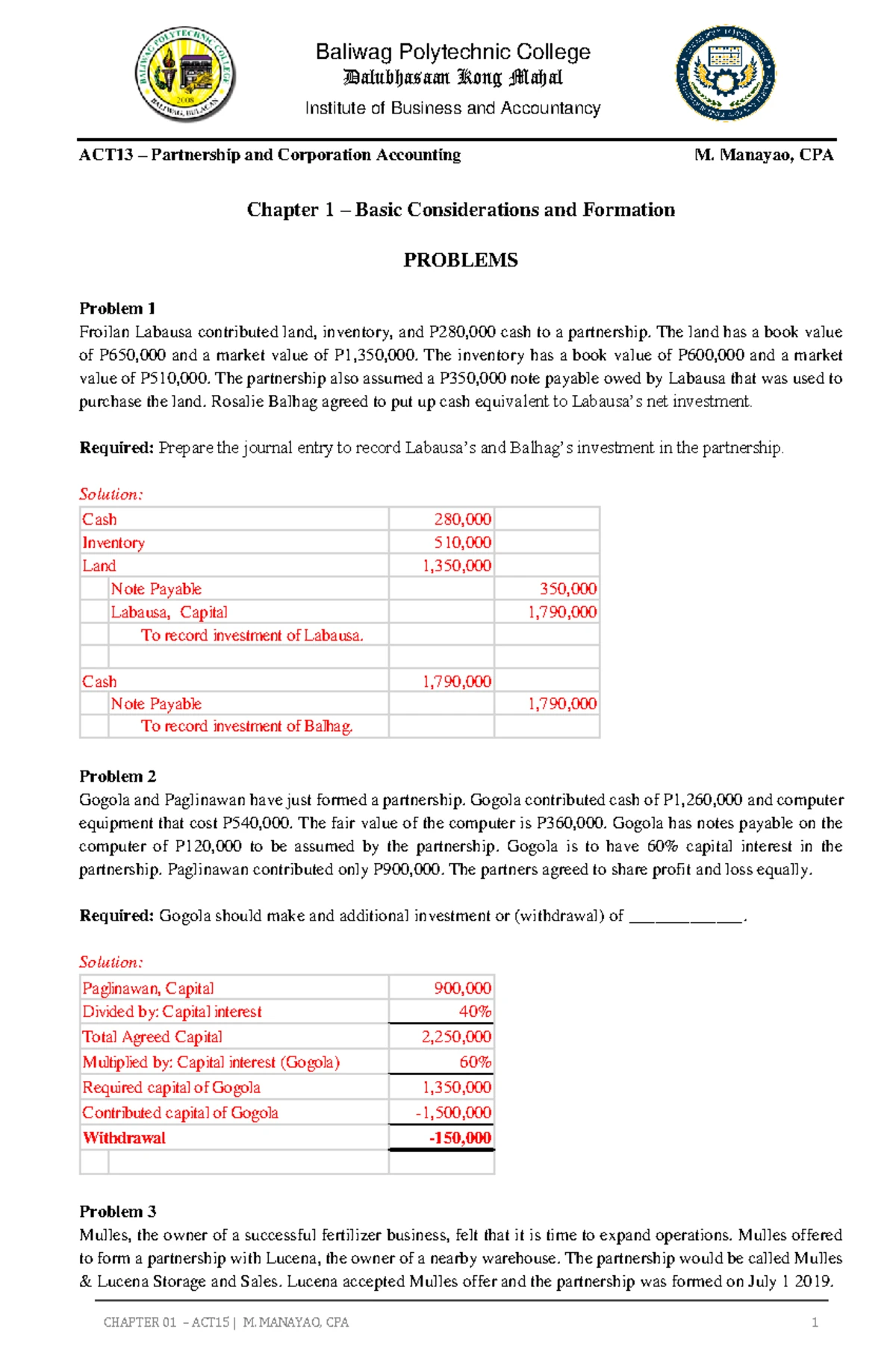 Chapter 1 Solution pdf - ACT13 – Partnership and Corporation Accounting M. Manayao, CPA Chapter ...