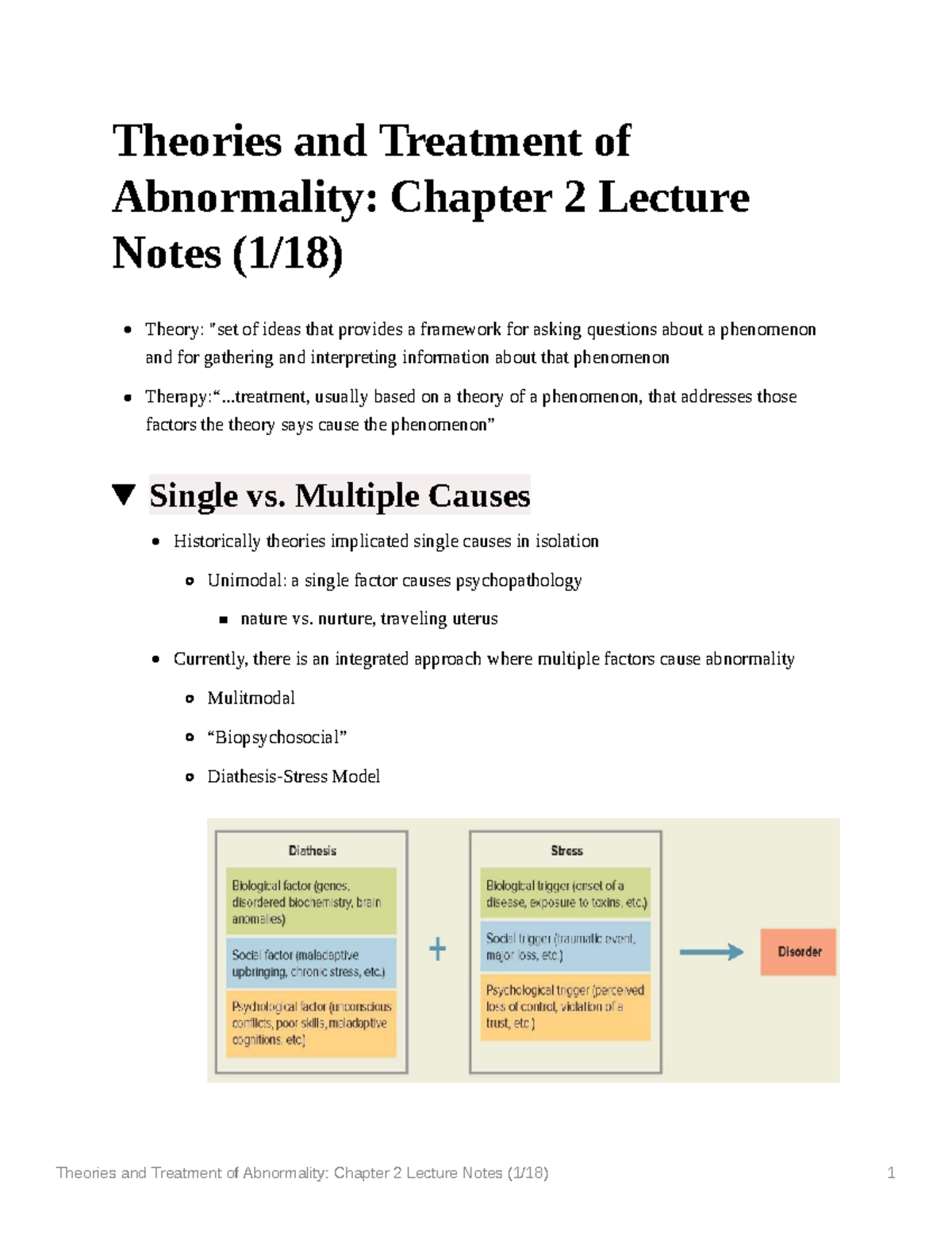 Theories and Treatment of Abnormality Chapter 2 Lecture Notes ...