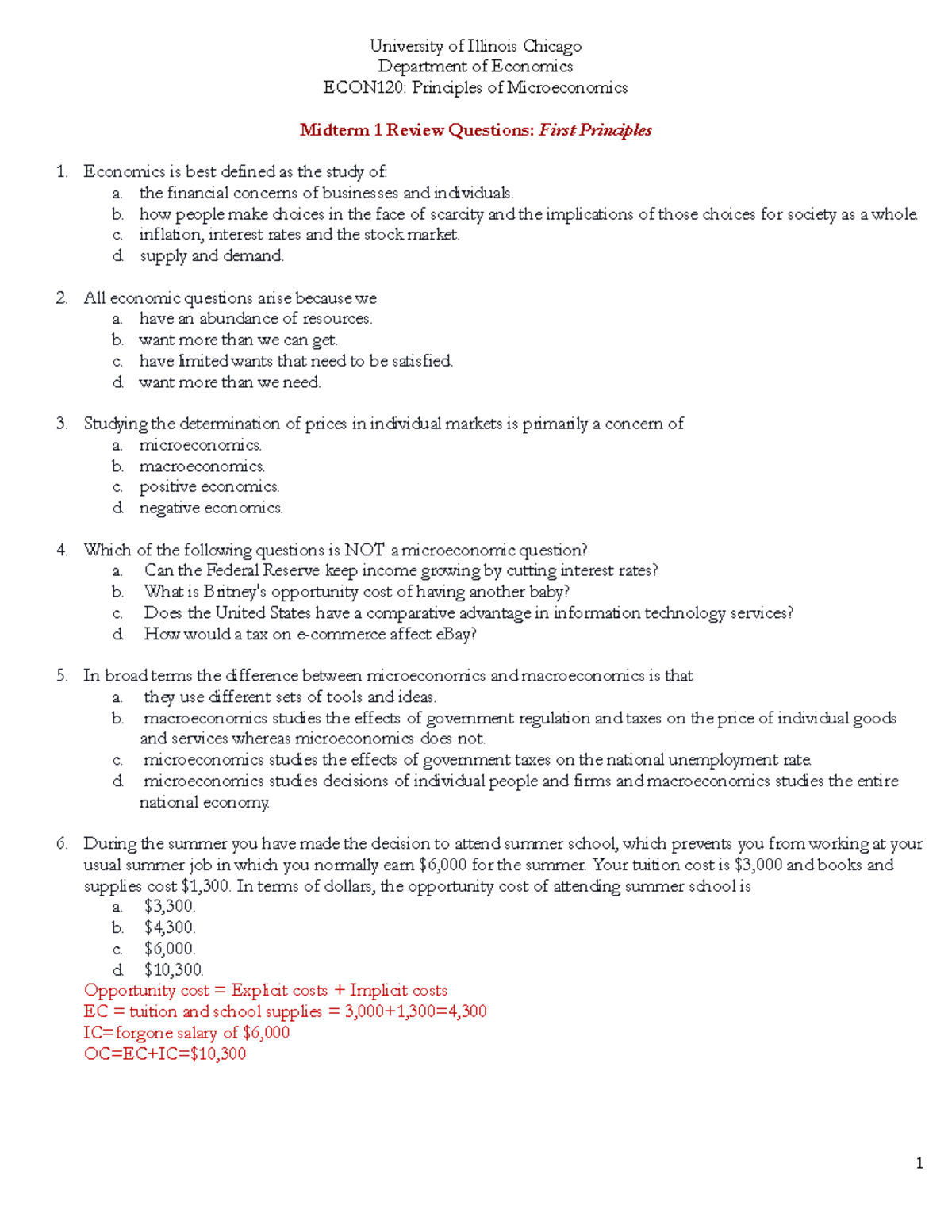 ECON120: Principles of Microeconomics Midterm 1 Review Solutions - Studocu