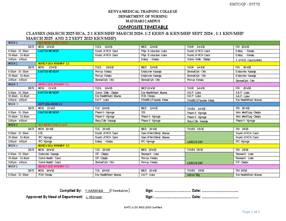 KENYA MEDICAL TRAINING COLLEGE NURSING DEPT COMPOSITE TIMETABLE MAY ...