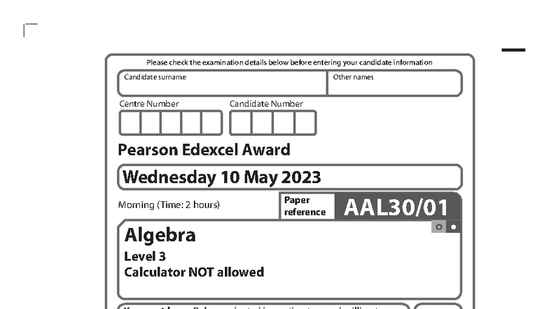 Question Paper AAL30 Algebra Level 3 - June 2023 Exam Details - Studocu