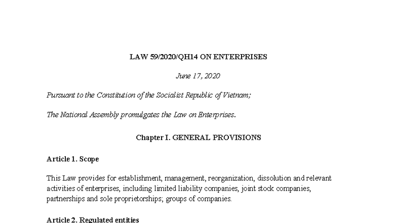 LAW ON ENTERPRISES 2020: Comprehensive Overview and Provisions - Studocu