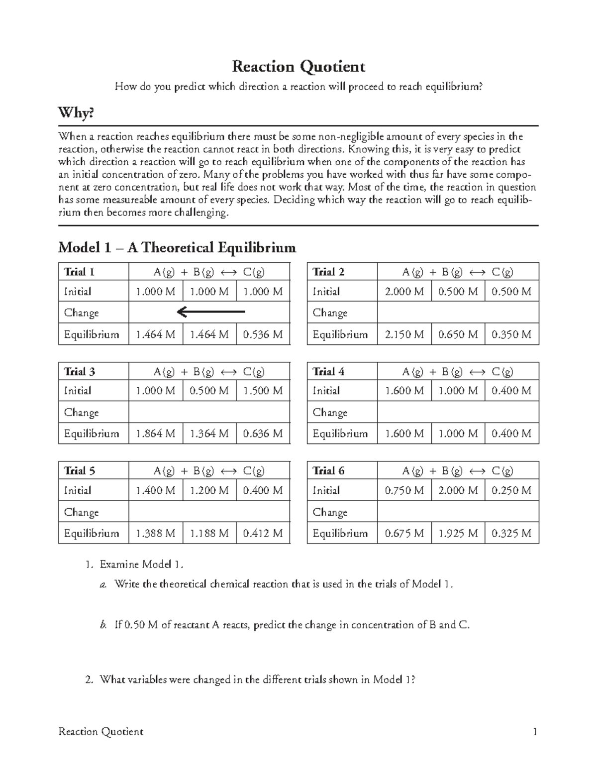 Reaction Quotient Analysis for Chemistry 21: Predicting Equilibrium ...