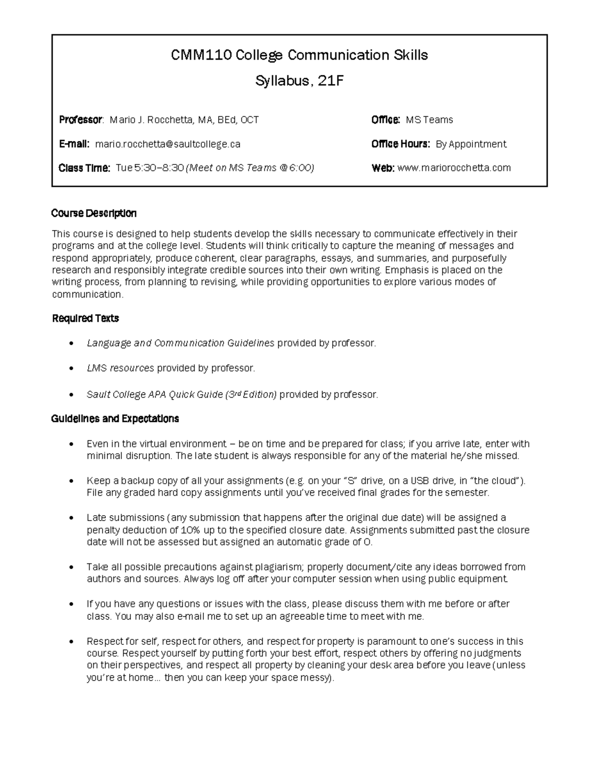 CMM110 - College Communication Skills - 21F Course Syllabus - M ...
