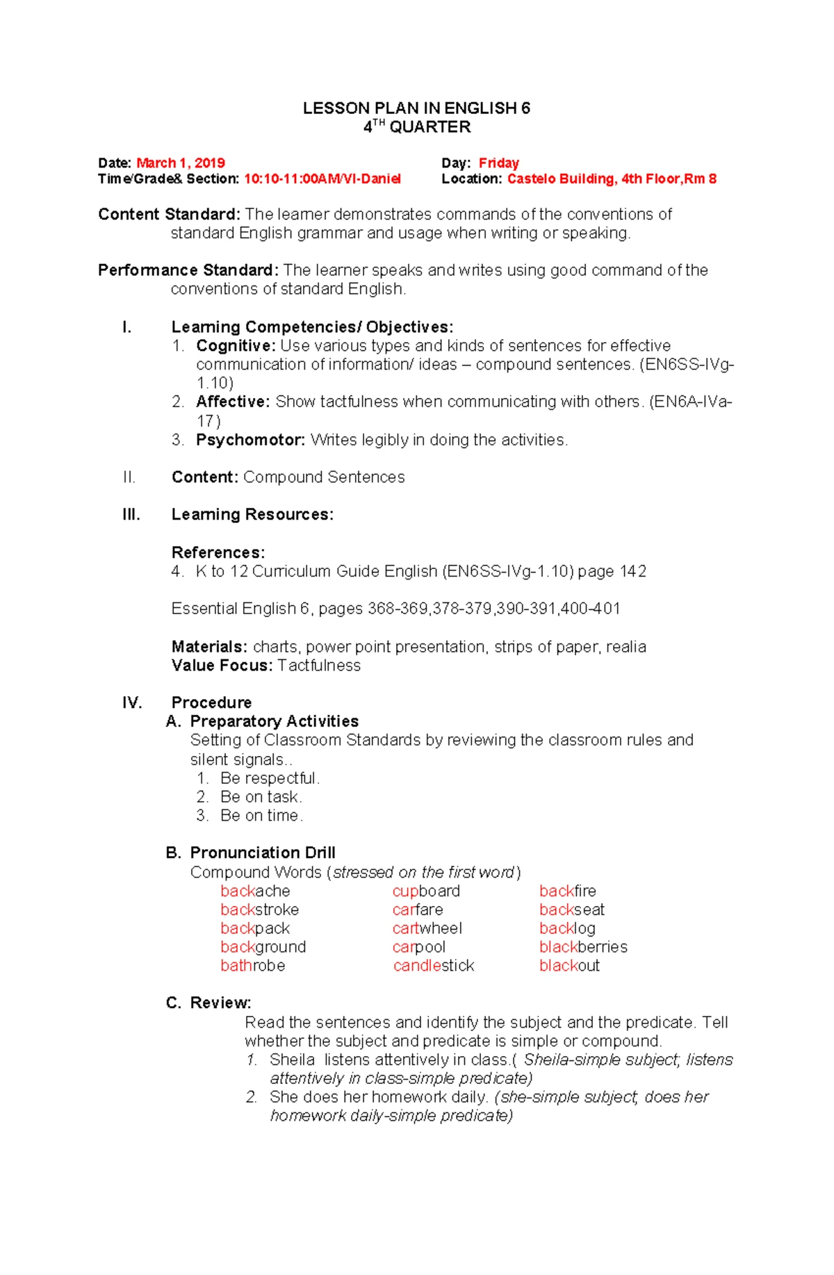 EPP 5 WEEK 2 DAILY LESSON LOG: Word Processing Software Techniques ...