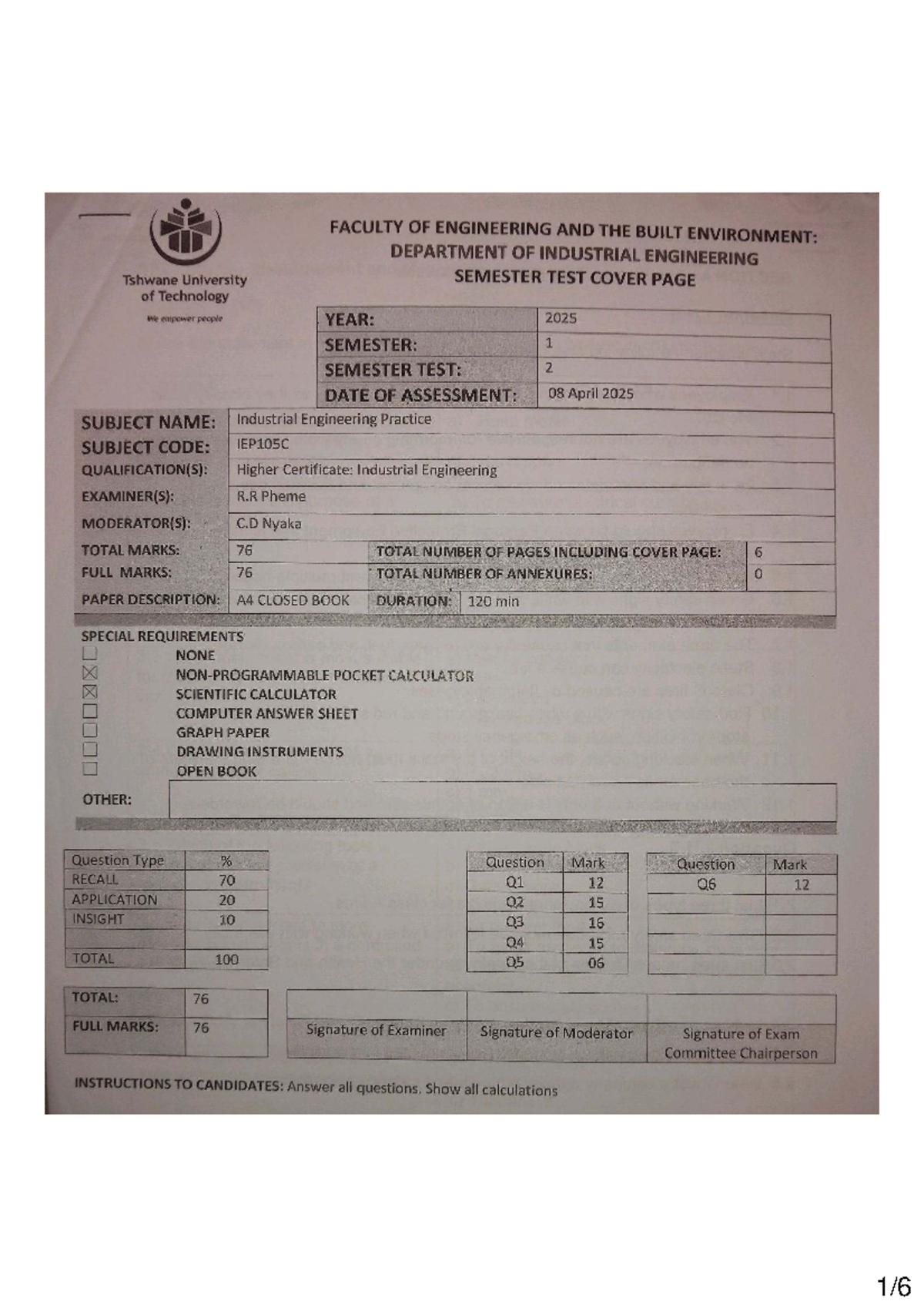 Industrial Engineering Practice IEP105C: Past Test 2 Review - Studocu