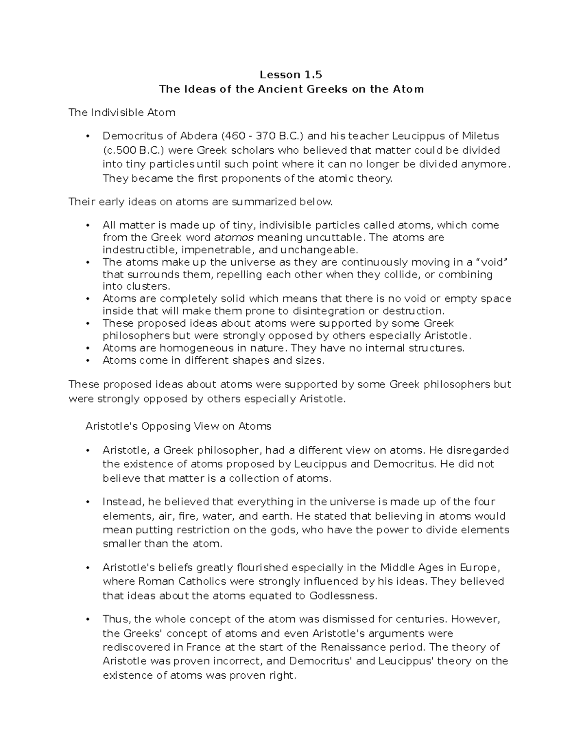 Ancient Greek Atom Theory: Democritus vs. Aristotle (Lesson 1) - Studocu