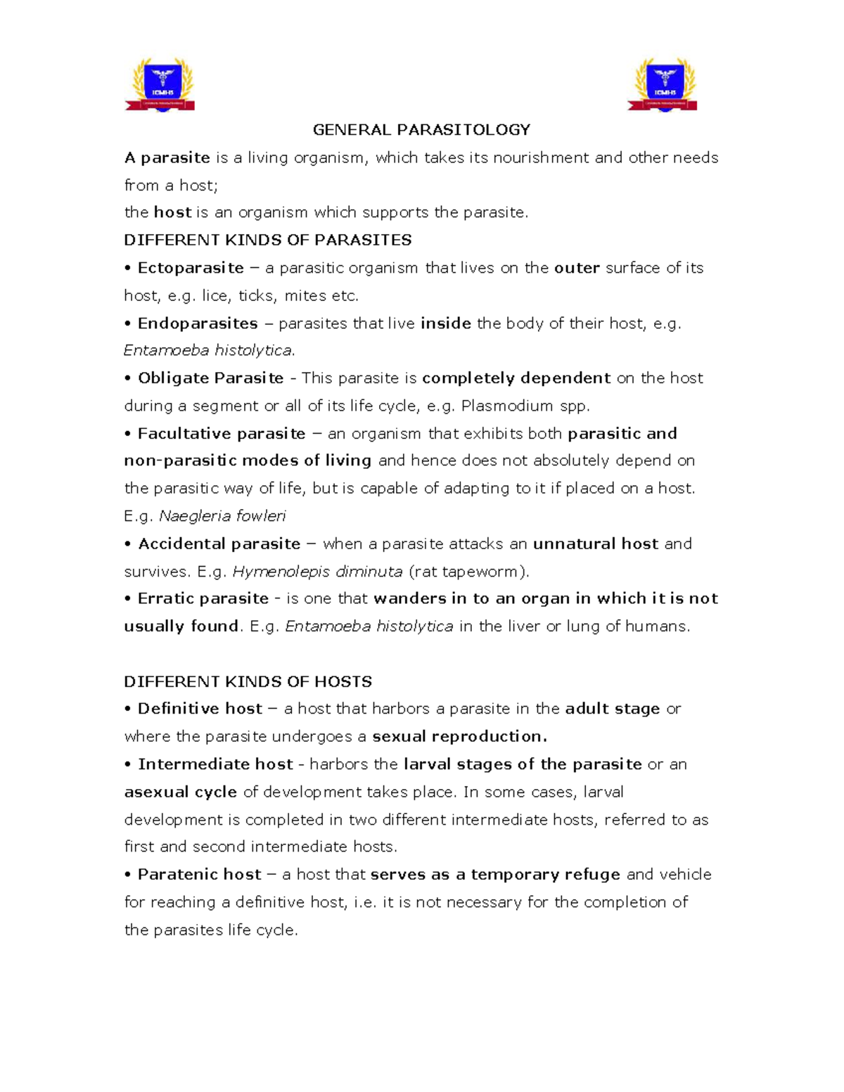Parasitology Study Notes: Types, Hosts, and Effects of Parasites - Studocu