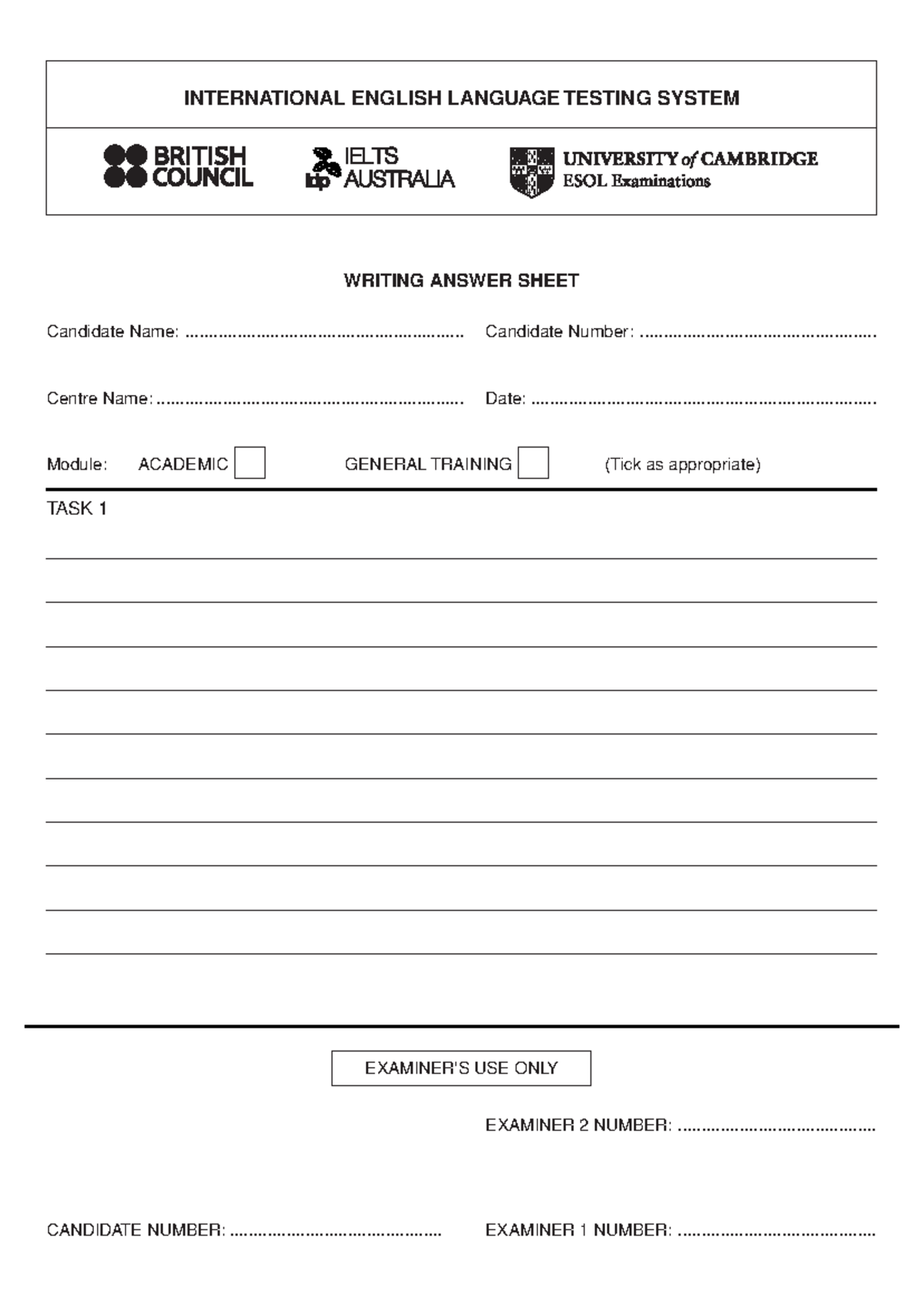 IELTS Writing Answer Sheets for Academic General Training - Studocu