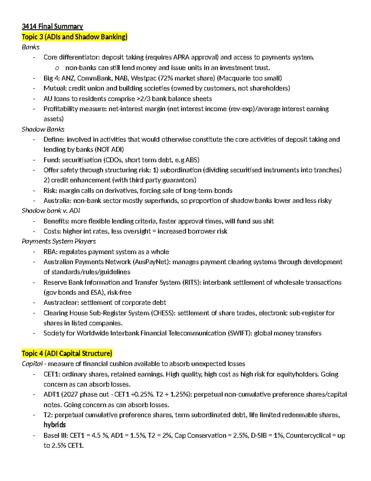 3414 Final Summary: ADIs, Shadow Banking, and Capital Structures - Studocu