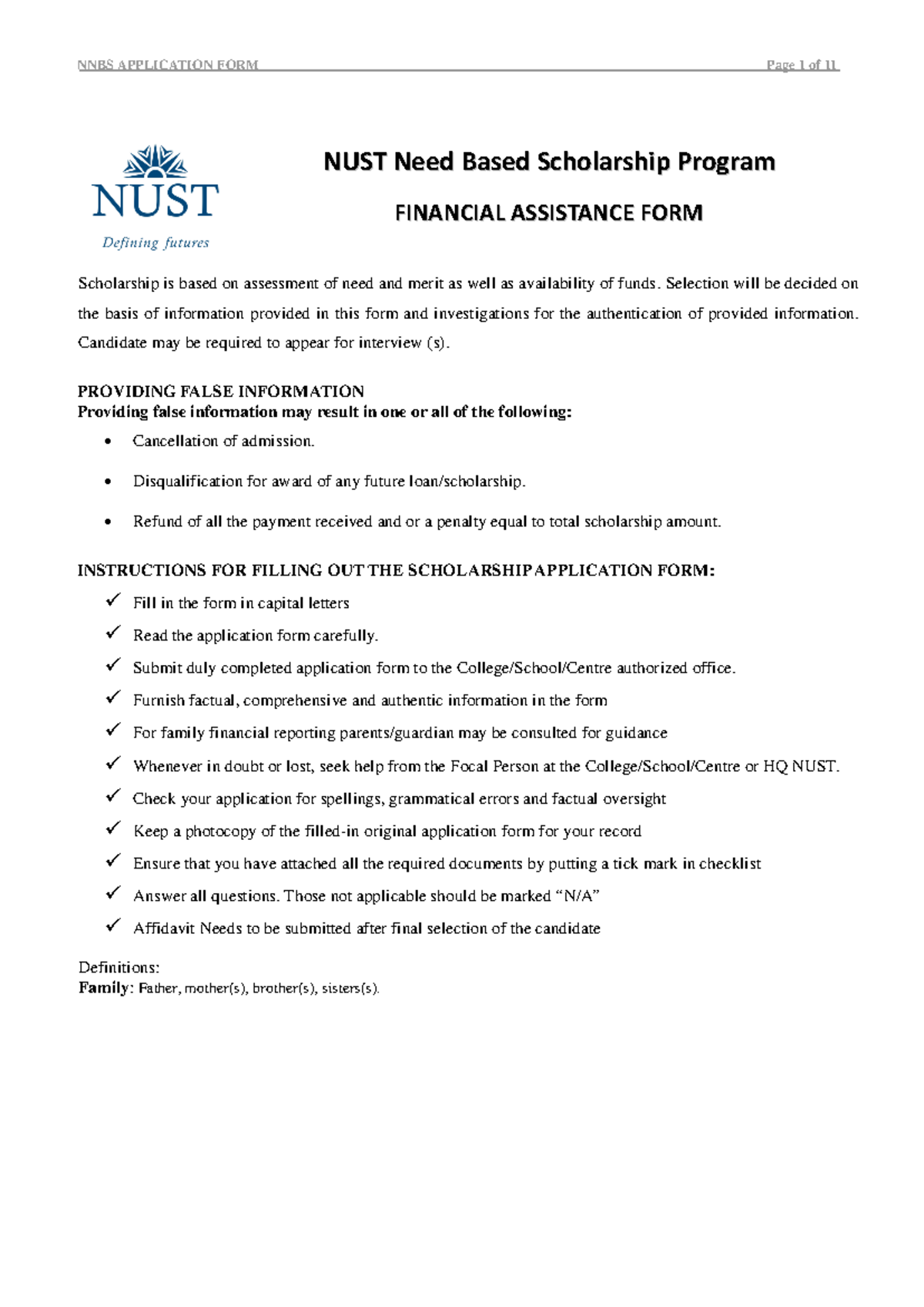 NUST Need-Based Scholarship Application Guidelines and Form - Studocu