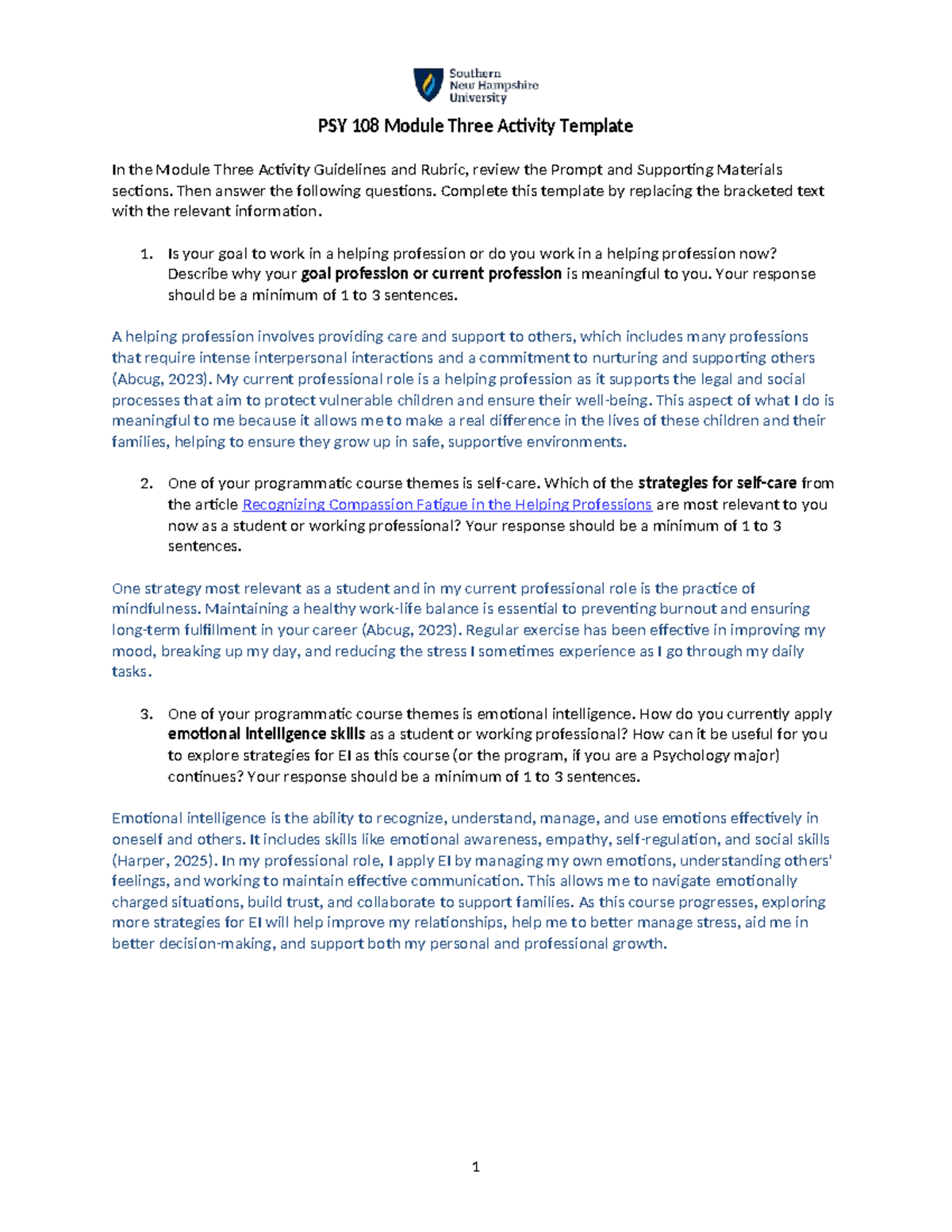 PSY 108 Module Three Activity: EI in Helping Professions & Compassion ...