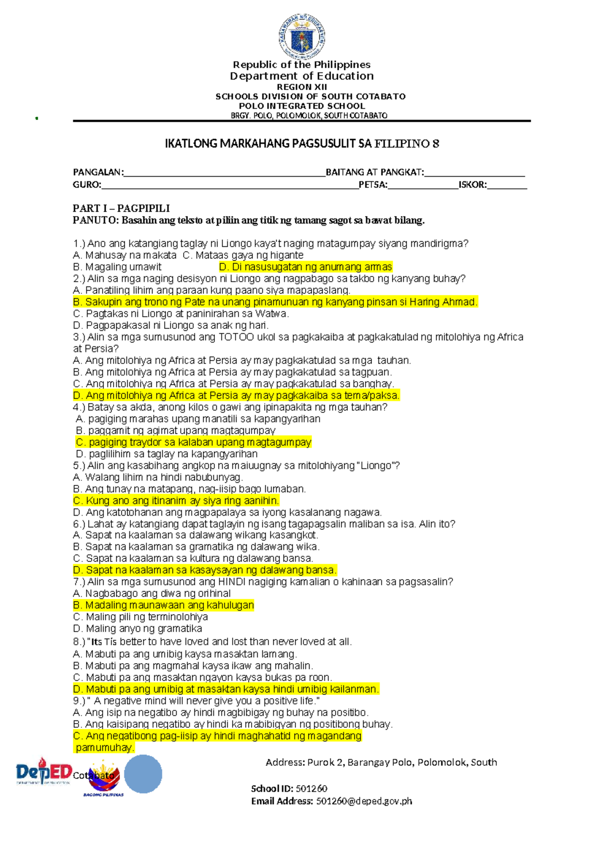 Filipino 10 Q3 Midterm Exam: Pagsusulit at Pagsasalin - Studocu