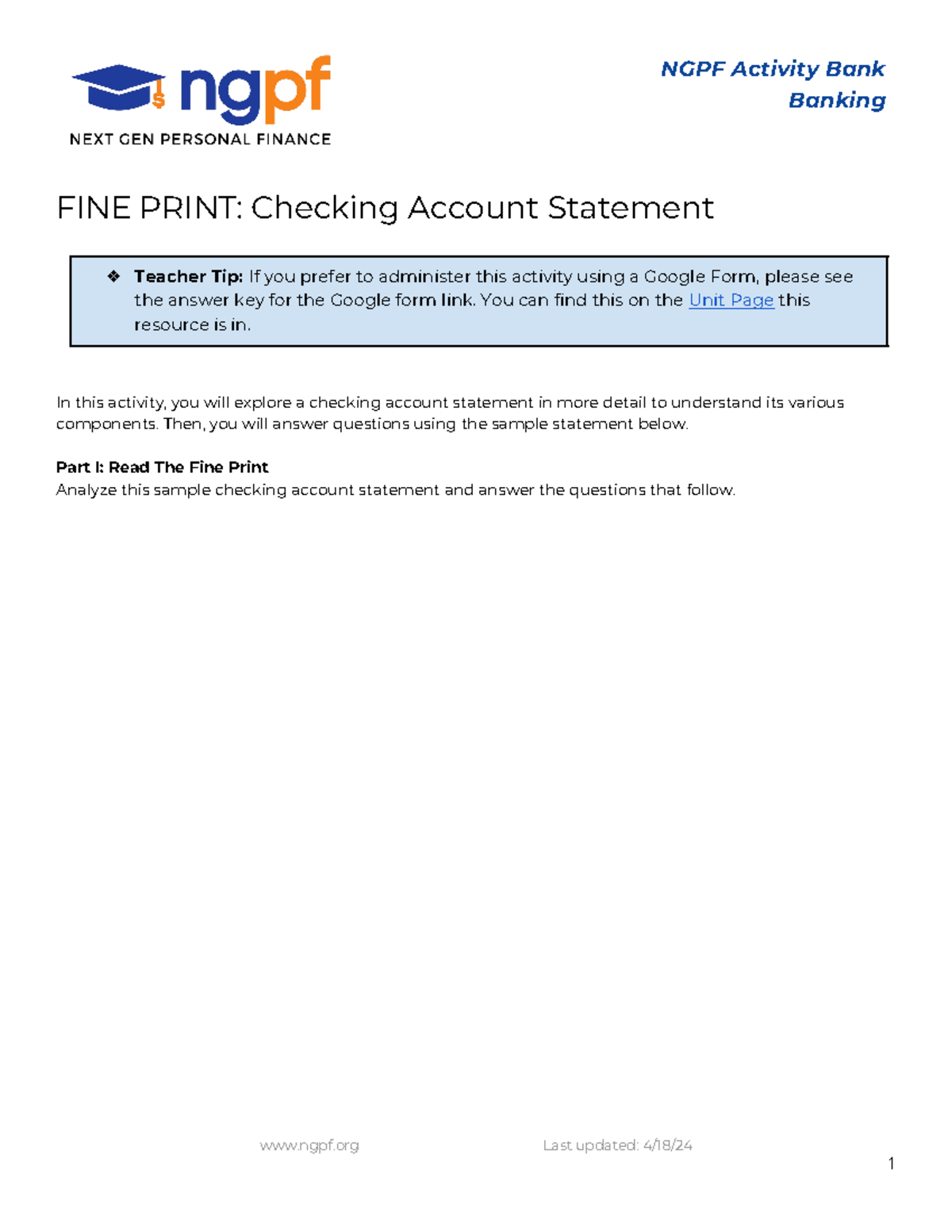 FINE Print: Analyzing Checking Account Statements - NGPF Activity - Studocu